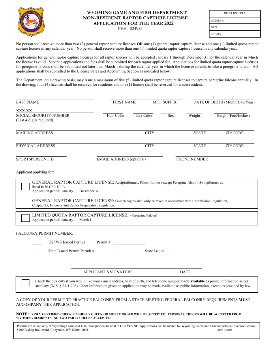 2022 Wyoming Non-resident Raptor Capture License Application - Fill Out ...