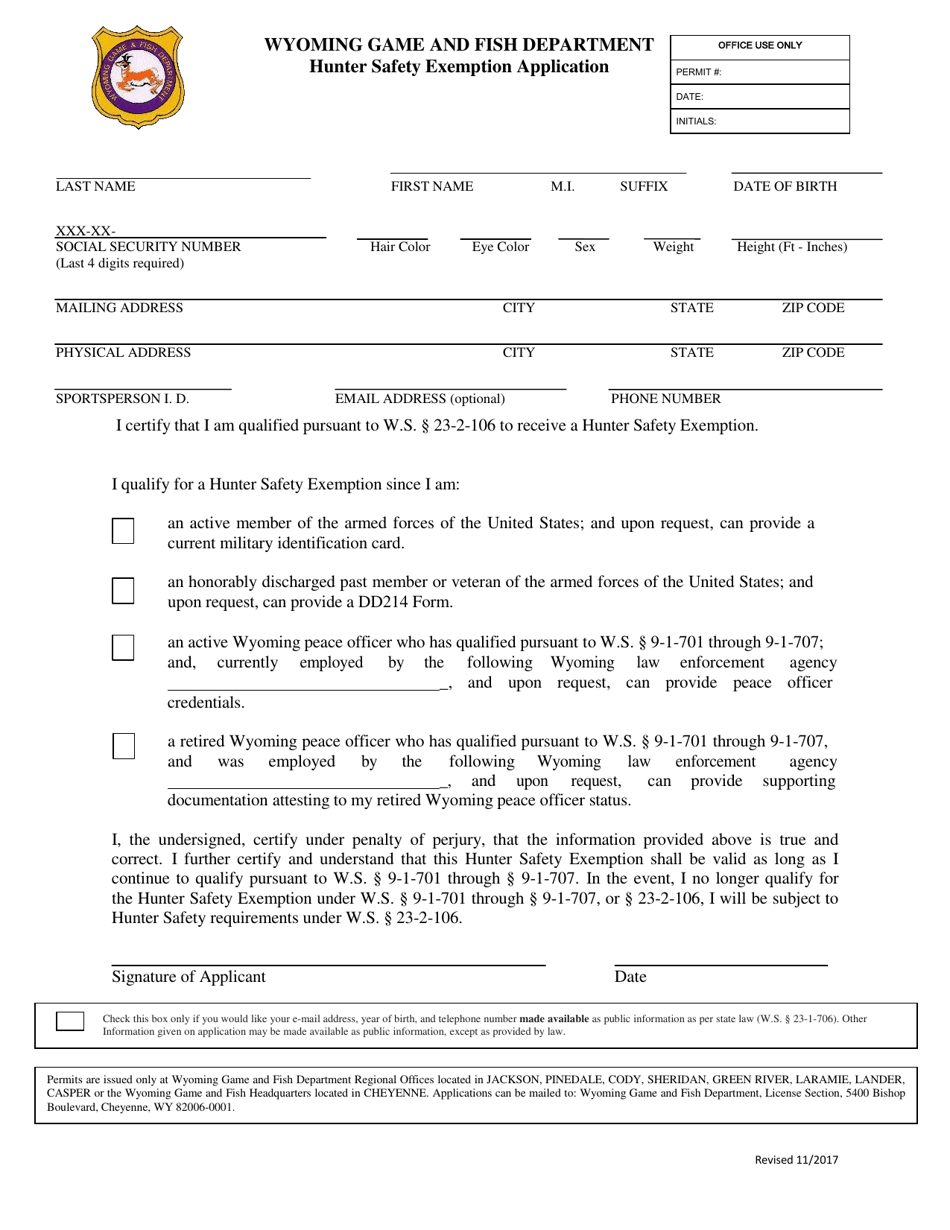 Wyoming Hunter Safety Exemption Application - Fill Out, Sign Online and ...