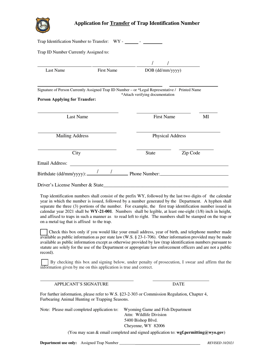 Wyoming Application for Transfer of Trap Identification Number - Fill ...