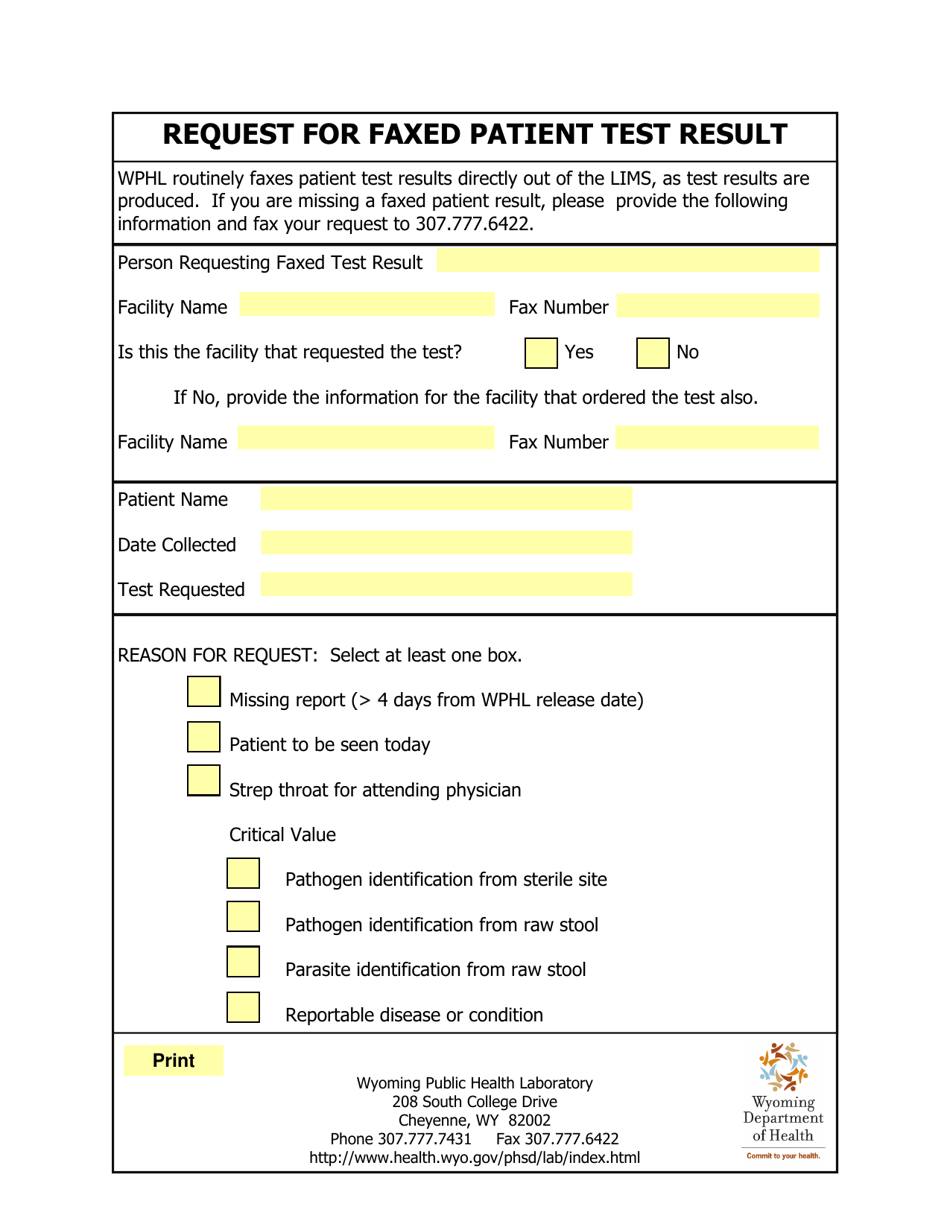 Wyoming Request for Faxed Patient Test Result - Fill Out, Sign Online ...