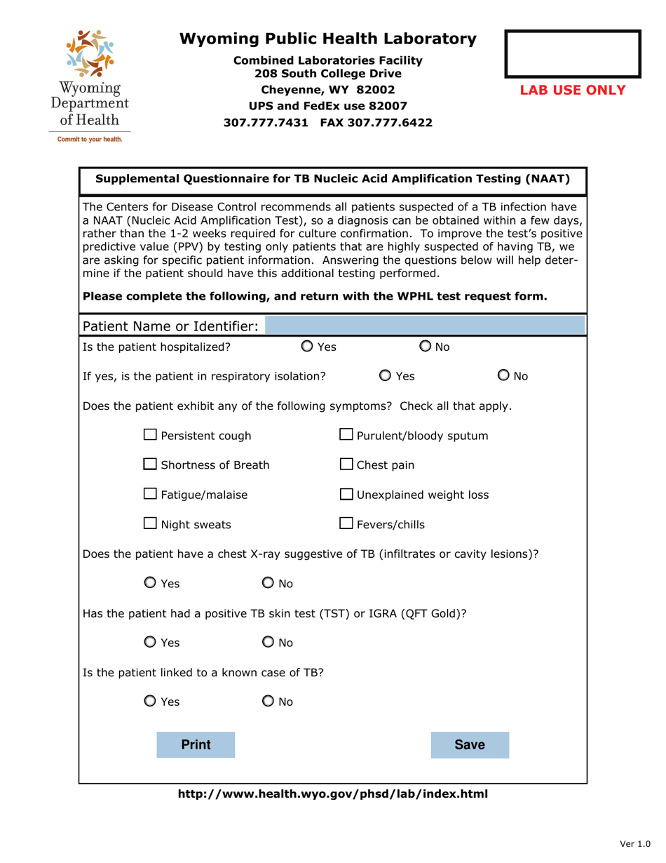 Wyoming Supplemental Questionnaire for Tb Nucleic Acid Amplification ...