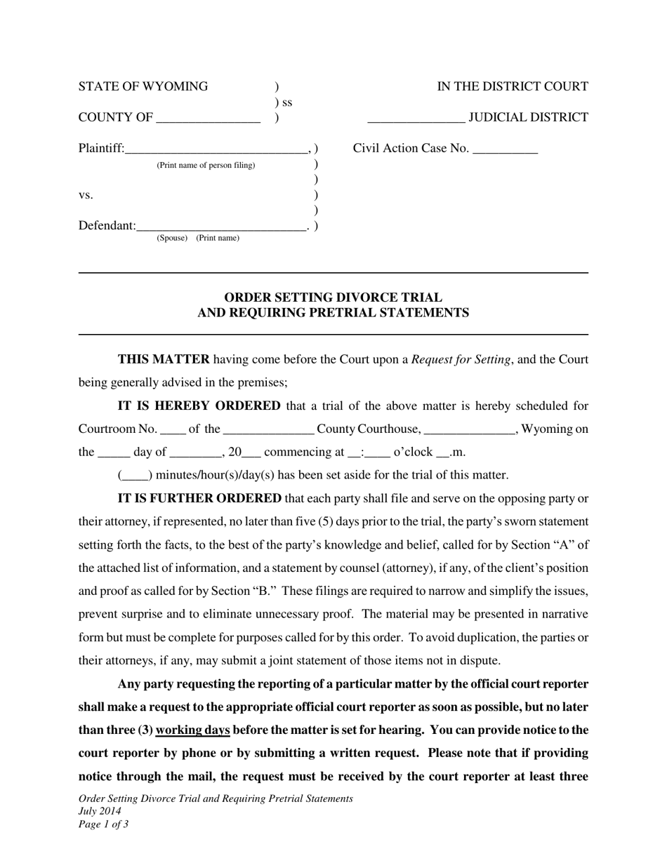 Wyoming Order Setting Divorce Trial and Requiring Pretrial Statements ...