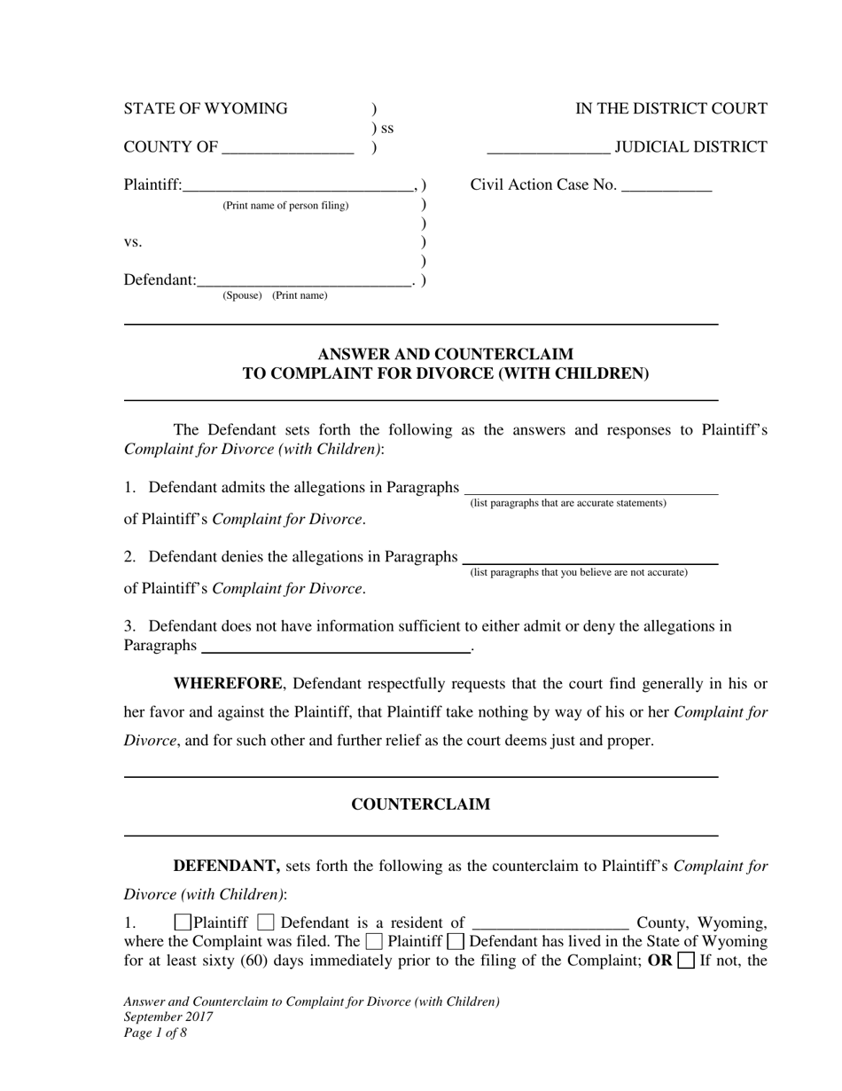 Wyoming Answer and Counterclaim to Complaint for Divorce (With Children ...