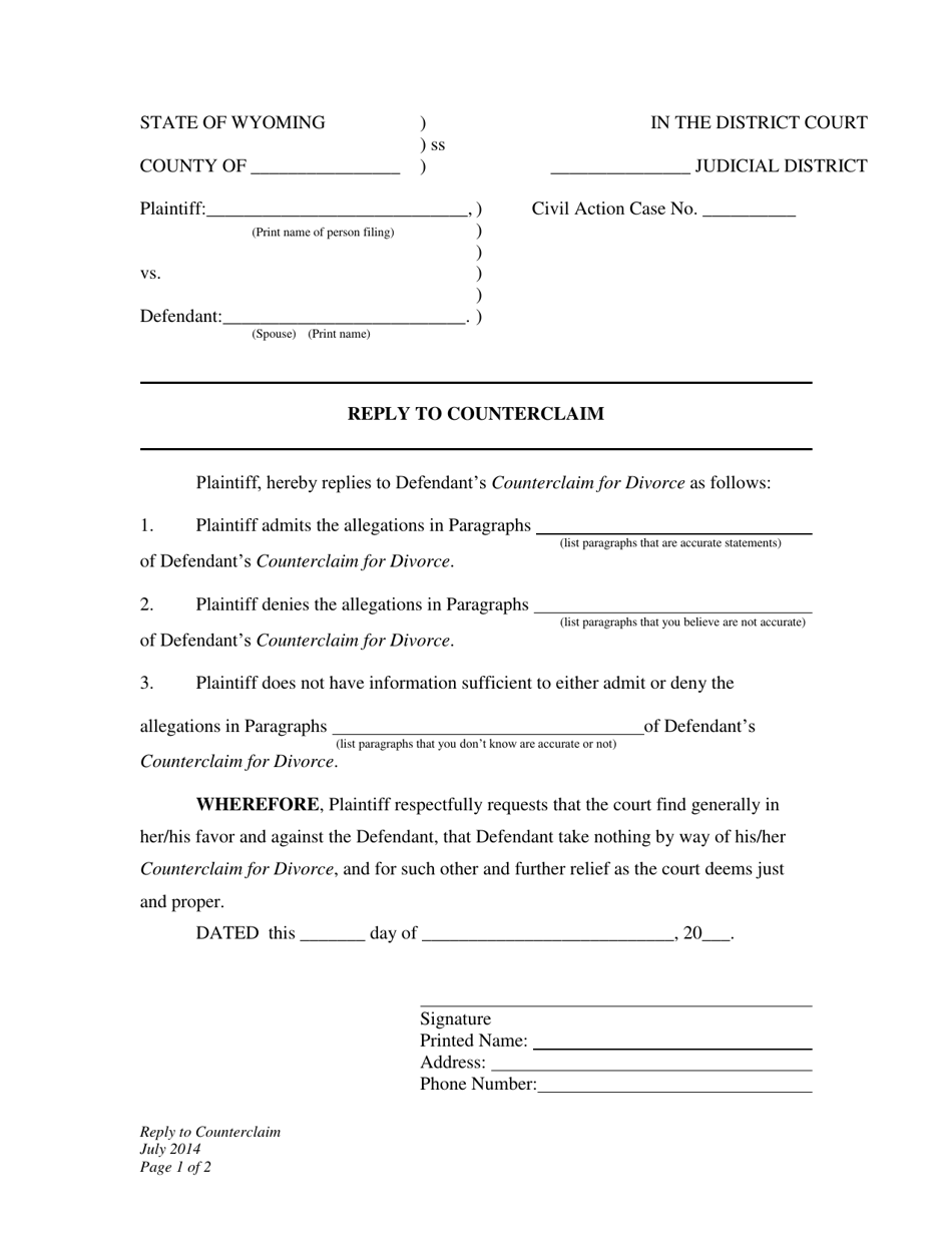 Wyoming Reply to Counterclaim - Divorce - Fill Out, Sign Online and ...