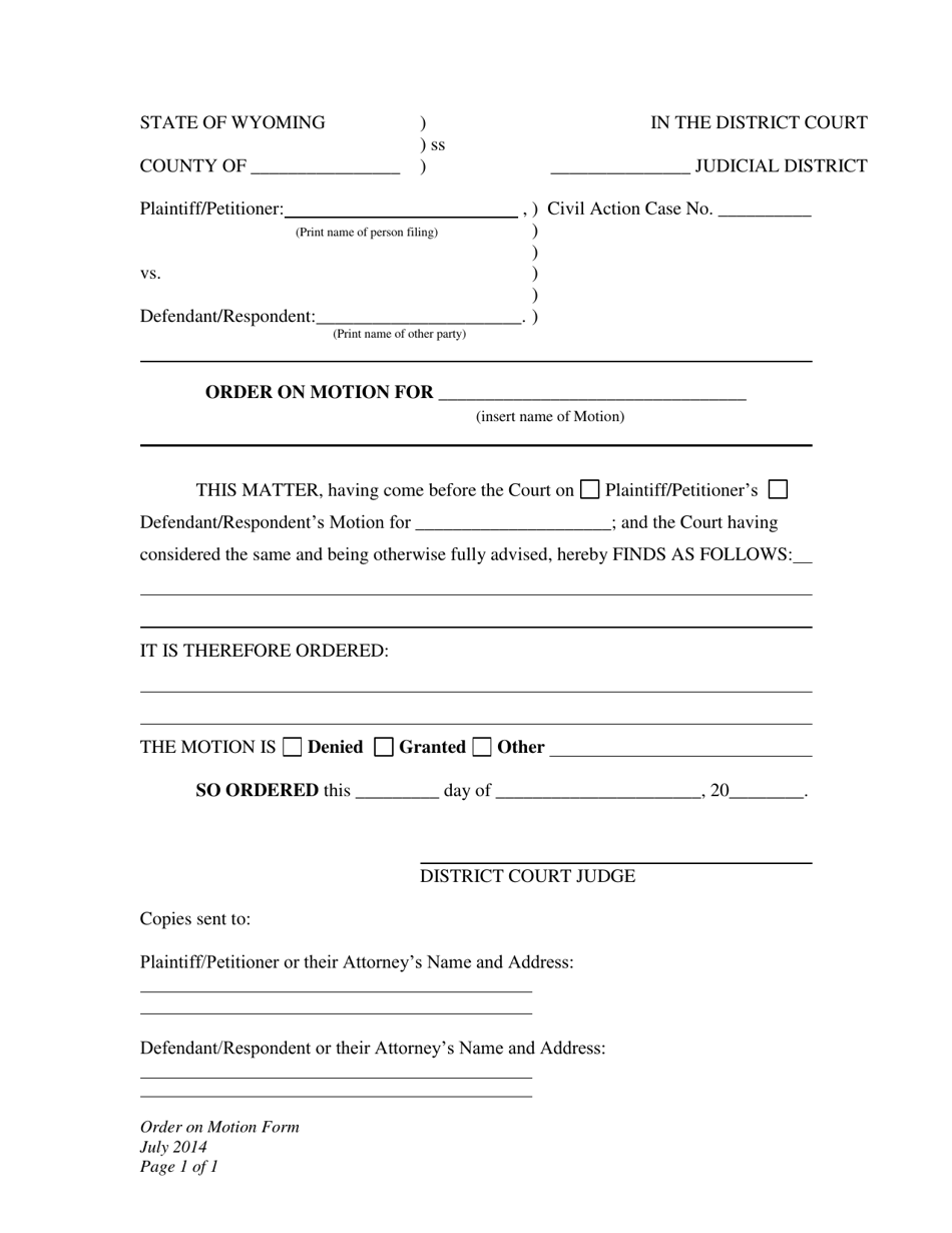 Wyoming Order on Motion - Fill Out, Sign Online and Download PDF ...