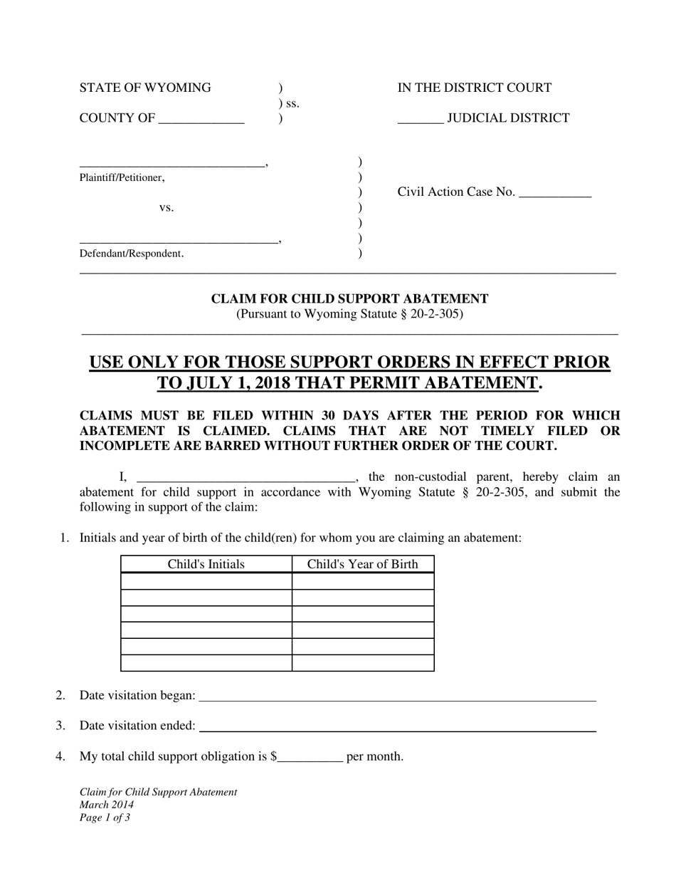 Wyoming Claim for Child Support Abatement - Fill Out, Sign Online and Download PDF | Templateroller