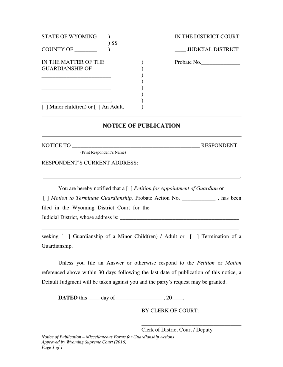 Wyoming Notice of Publication - Miscellaneous Forms for Guardianship ...