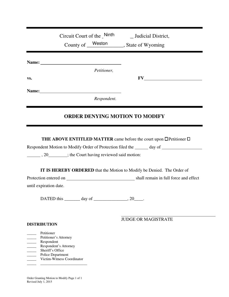 Wyoming Order Denying Motion to Modify - Fill Out, Sign Online and Download PDF | Templateroller