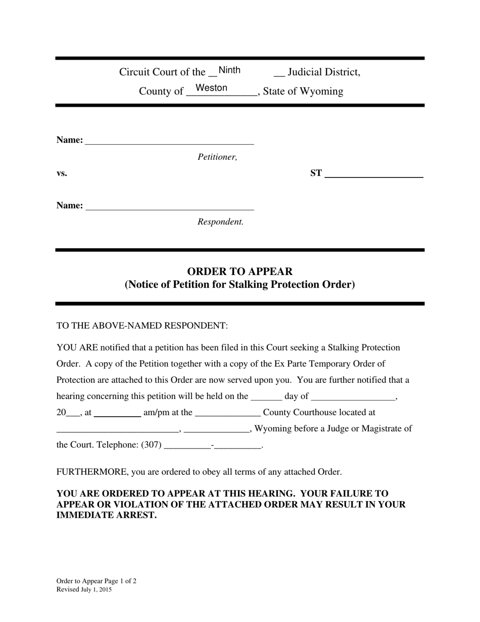 Wyoming Order to Appear (Notice of Petition for Stalking Protection ...