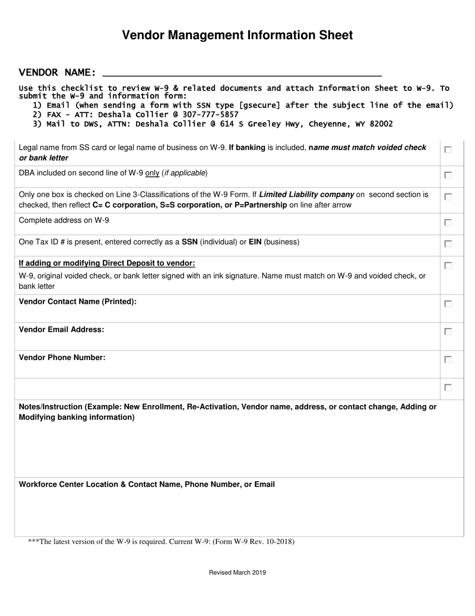 Wyoming Vendor Management Information Sheet - Fill Out, Sign Online and ...
