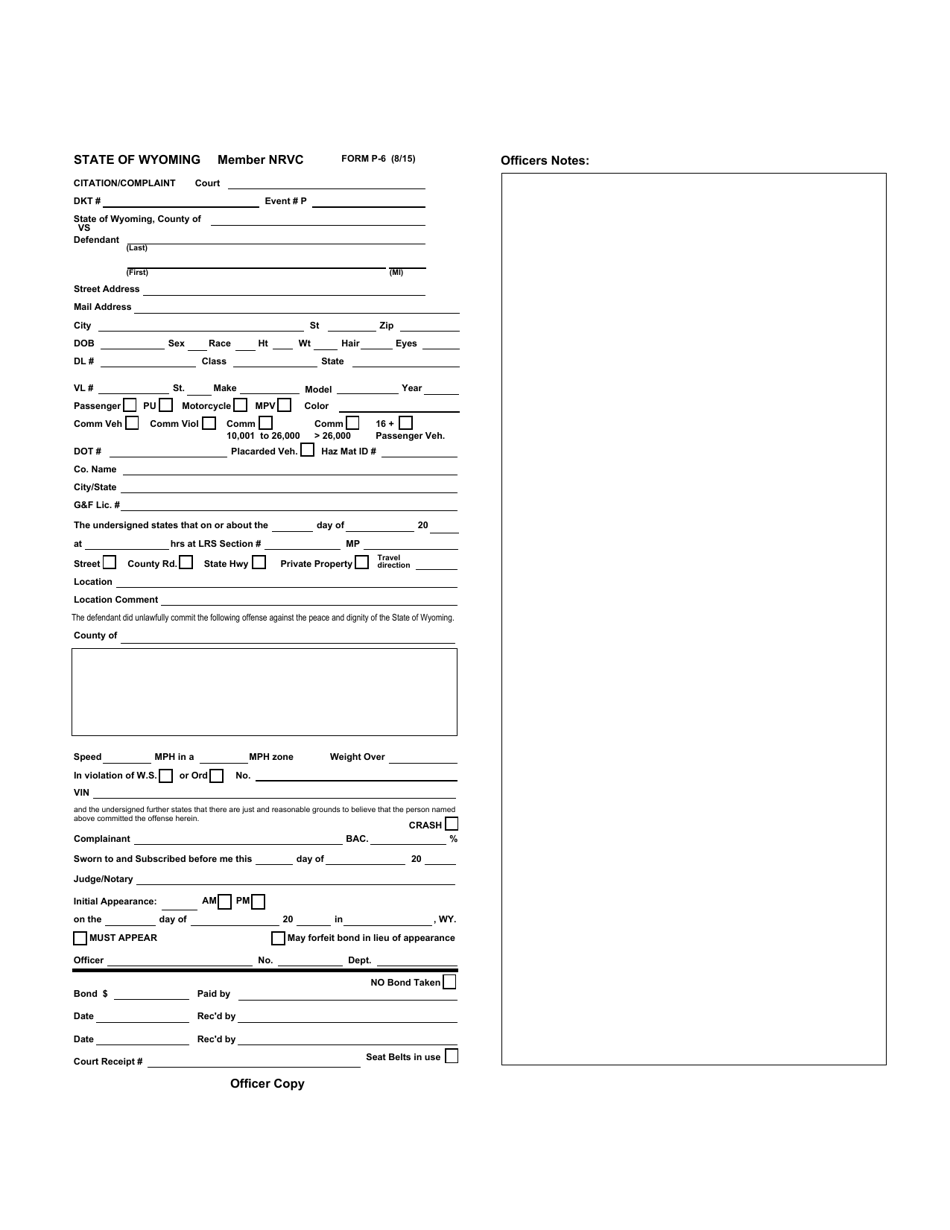 Form P-6 - Fill Out, Sign Online and Download Fillable PDF, Wyoming ...