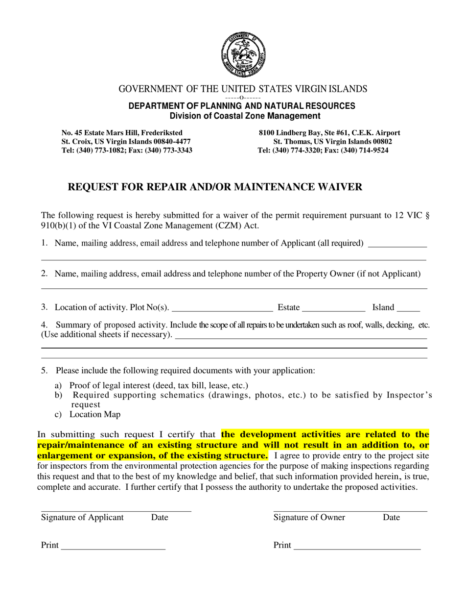 Virgin Islands Request for Repair and/or Maintenance Waiver - Fill Out ...