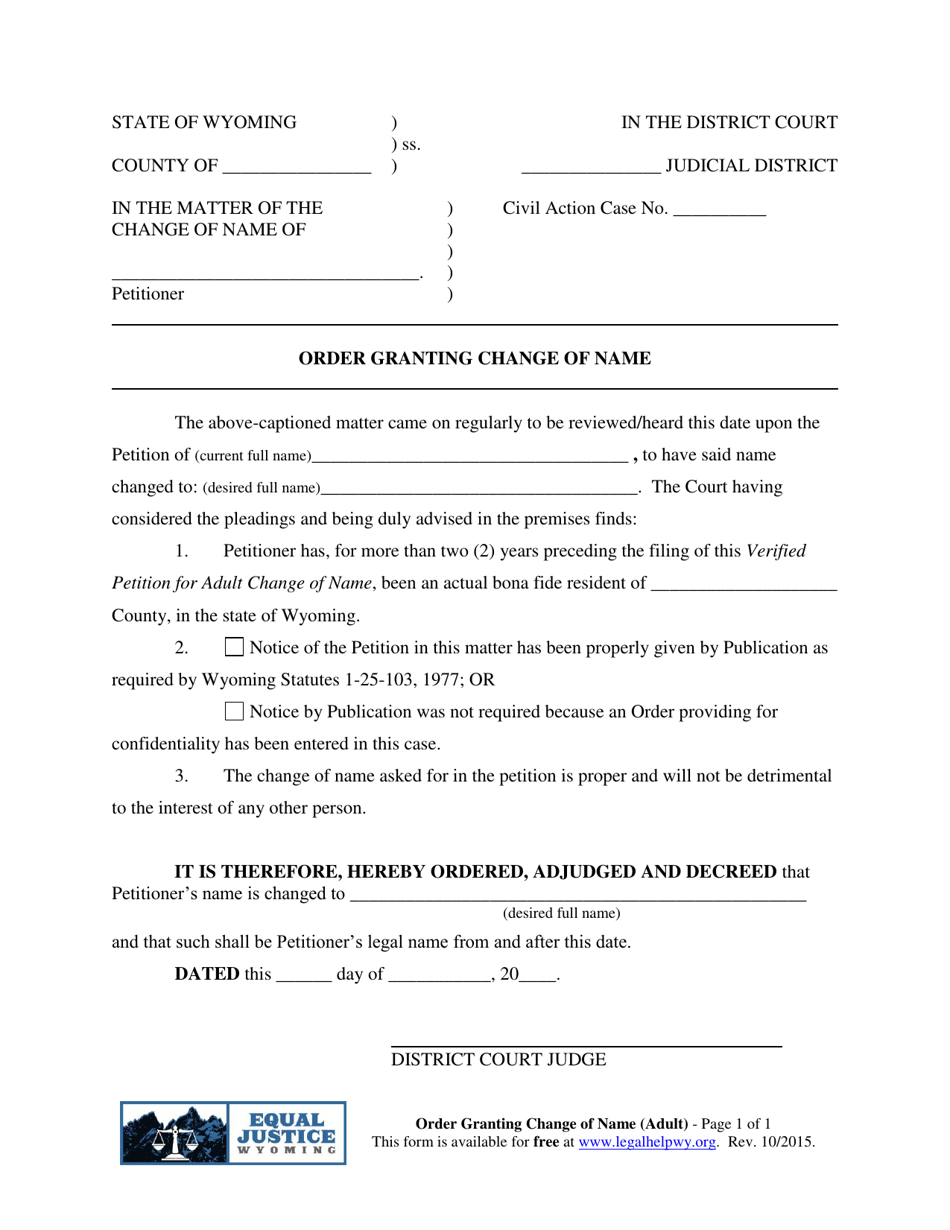 Wyoming Order Granting Change of Name (Adult) - Fill Out, Sign Online and Download PDF ...