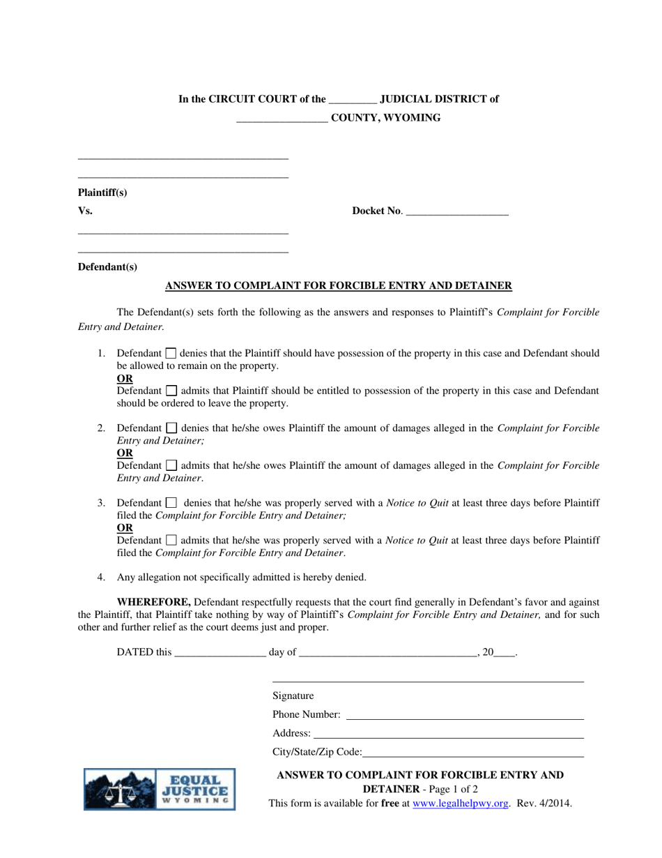 Wyoming Answer to Complaint for Forcible Entry and Detainer - Fill Out ...