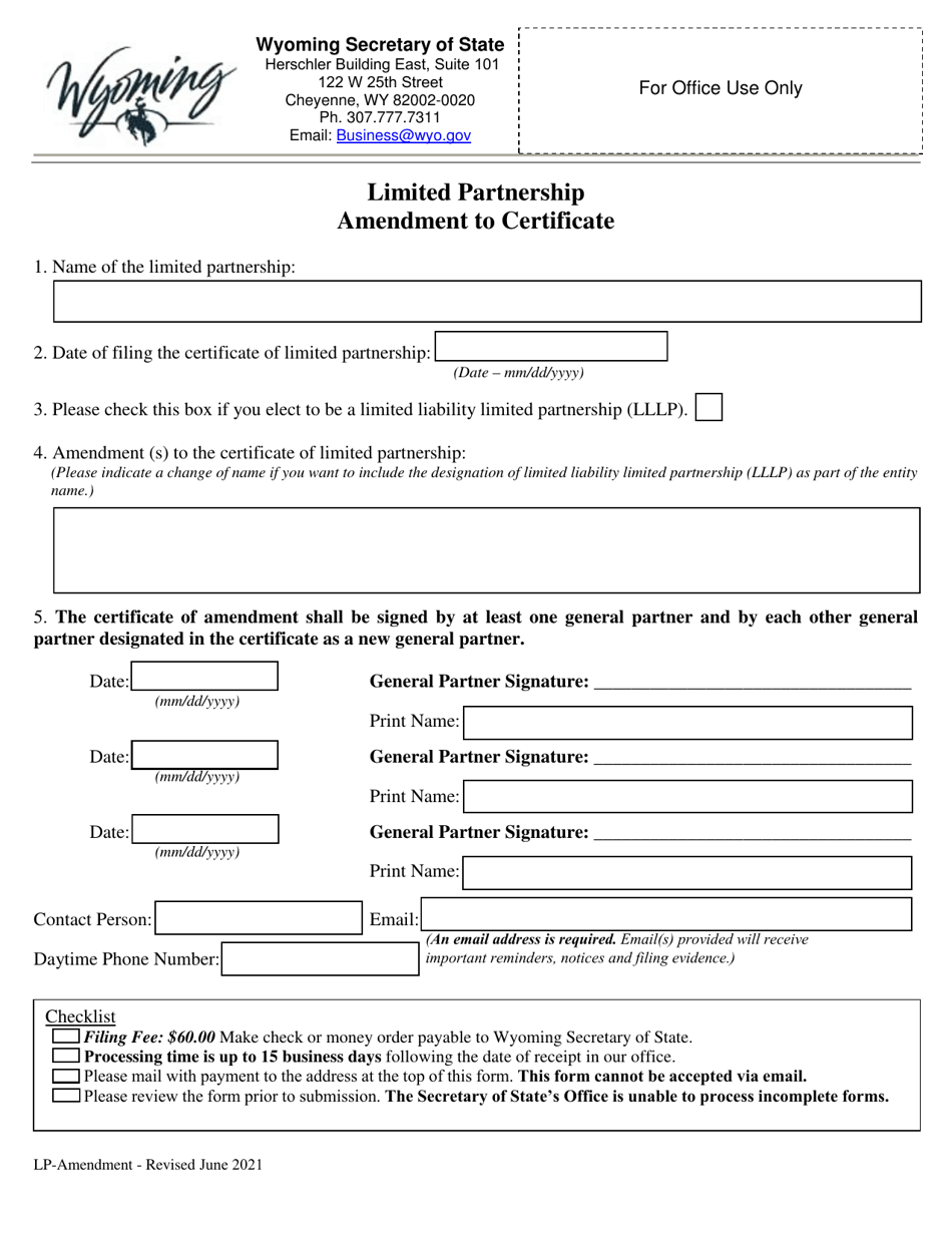 Wyoming Limited Partnership Amendment to Certificate - Fill Out, Sign ...