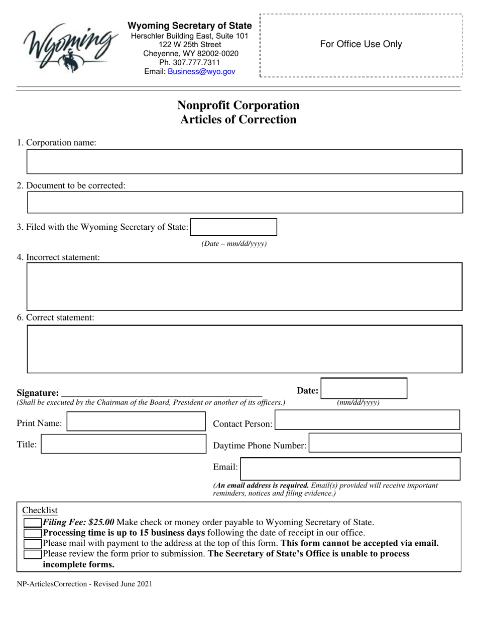 Wyoming Nonprofit Corporation Articles of Correction Download Fillable ...
