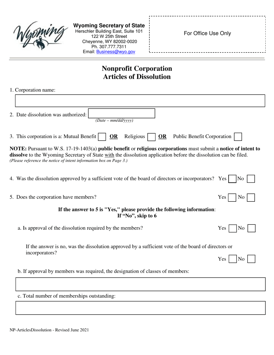 Wyoming Nonprofit Corporation Articles of Dissolution - Fill Out, Sign ...