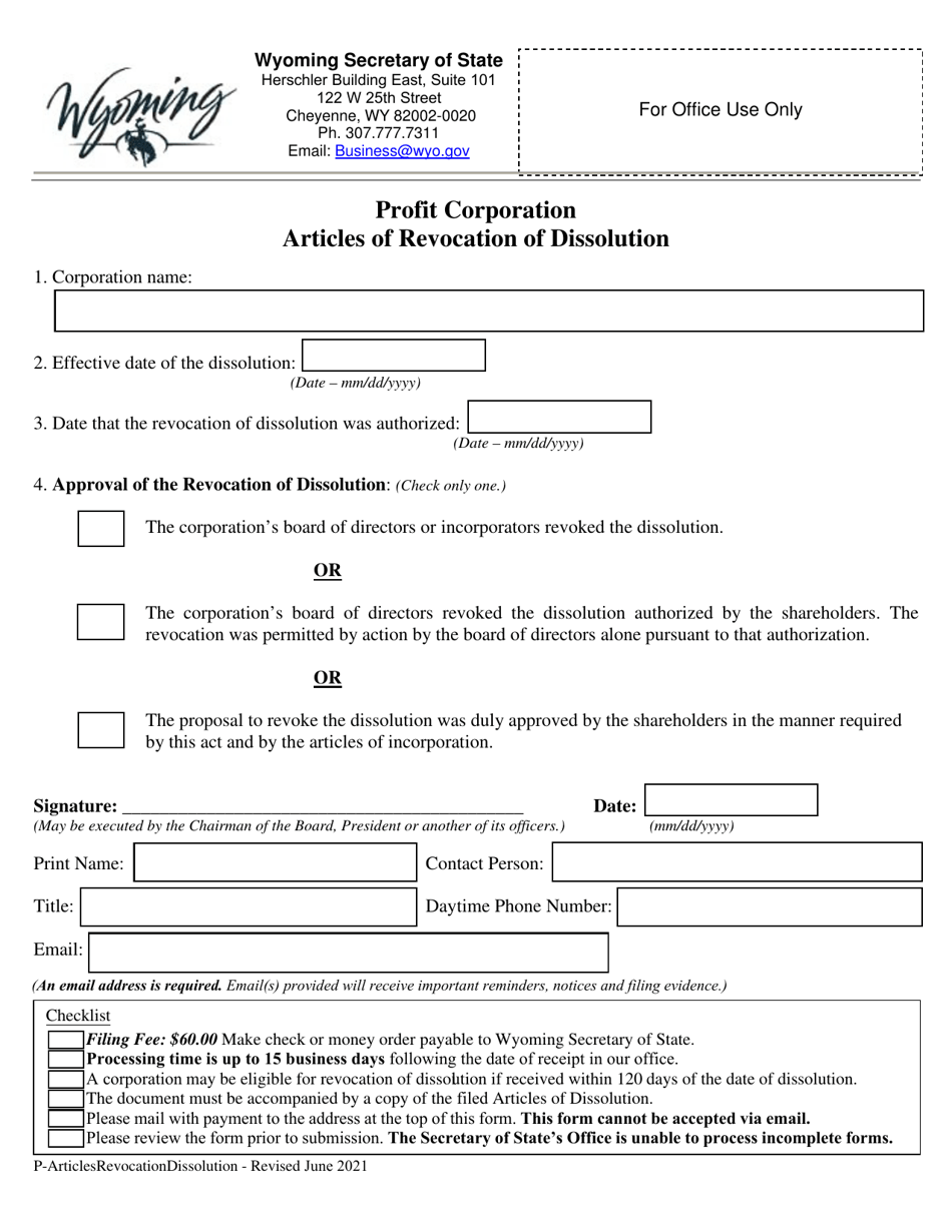 Wyoming Profit Corporation Articles of Revocation of Dissolution - Fill ...