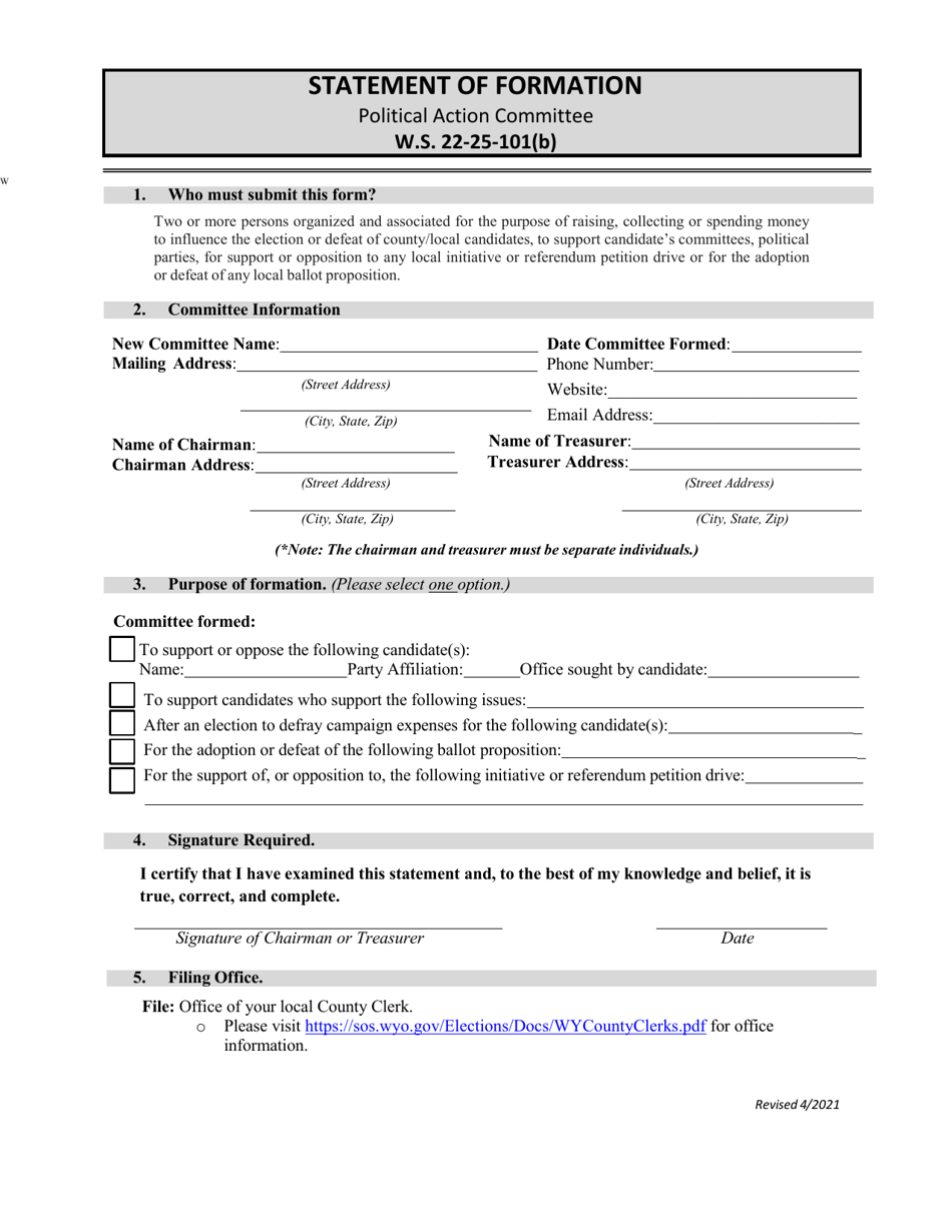 Wyoming Statement of Formation - Political Action Committee - Fill Out ...
