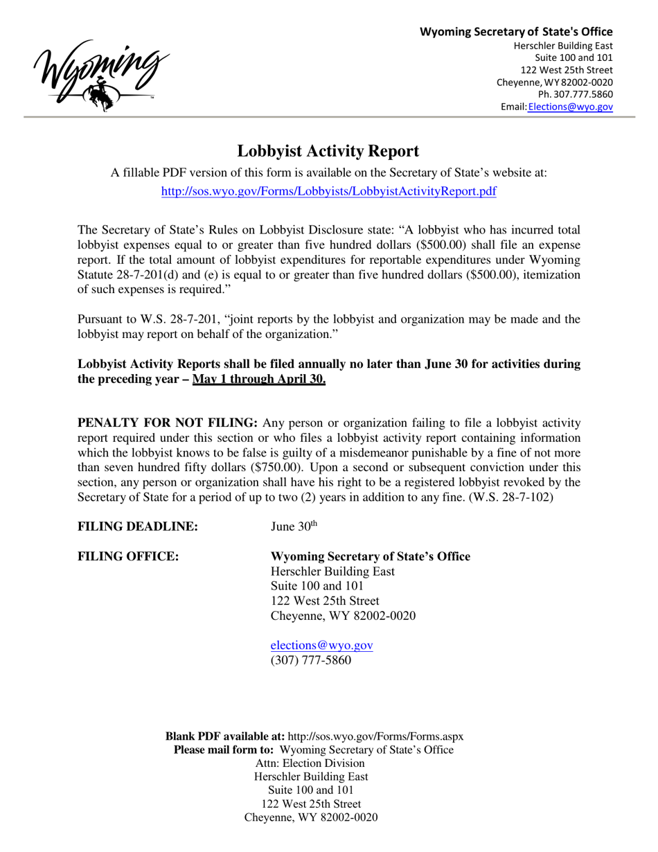 Wyoming Lobbyist Activity Report - Fill Out, Sign Online and Download ...