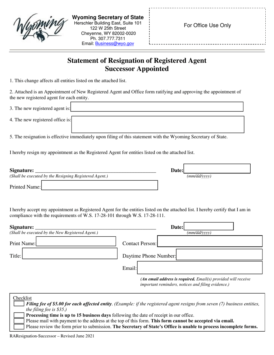 Wyoming Statement of Resignation of Registered Agent Successor ...