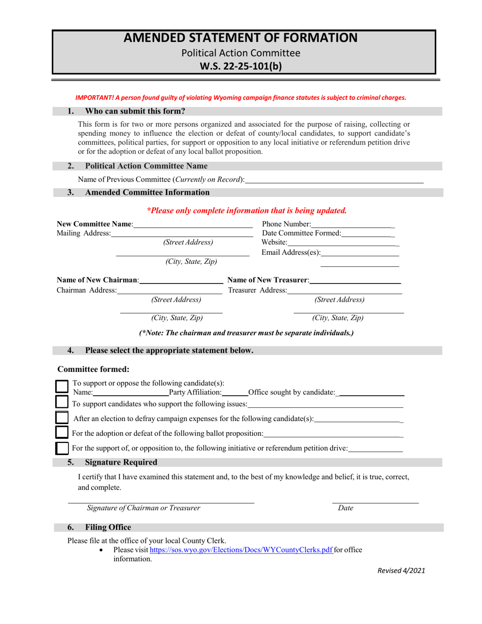 Wyoming Amended Statement of Formation - Political Action Committee ...