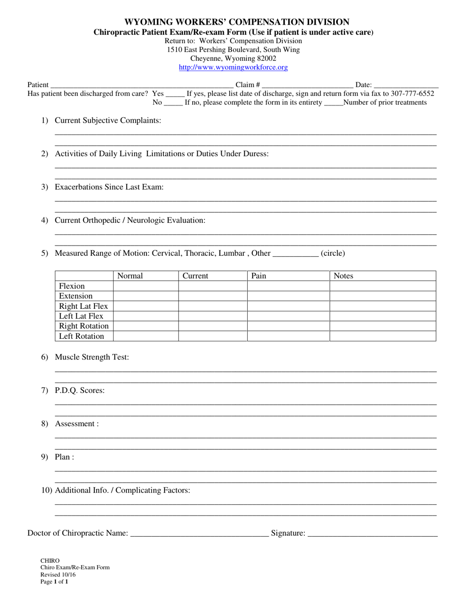 Wyoming Chiropractic Patient Exam/Re-exam Form - Fill Out, Sign Online ...