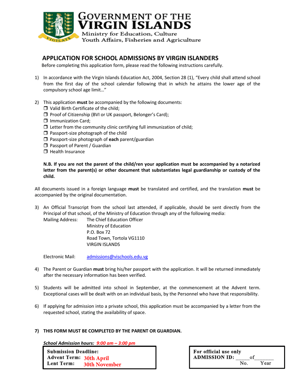 British Virgin Islands Application for School Admissions by Virgin ...