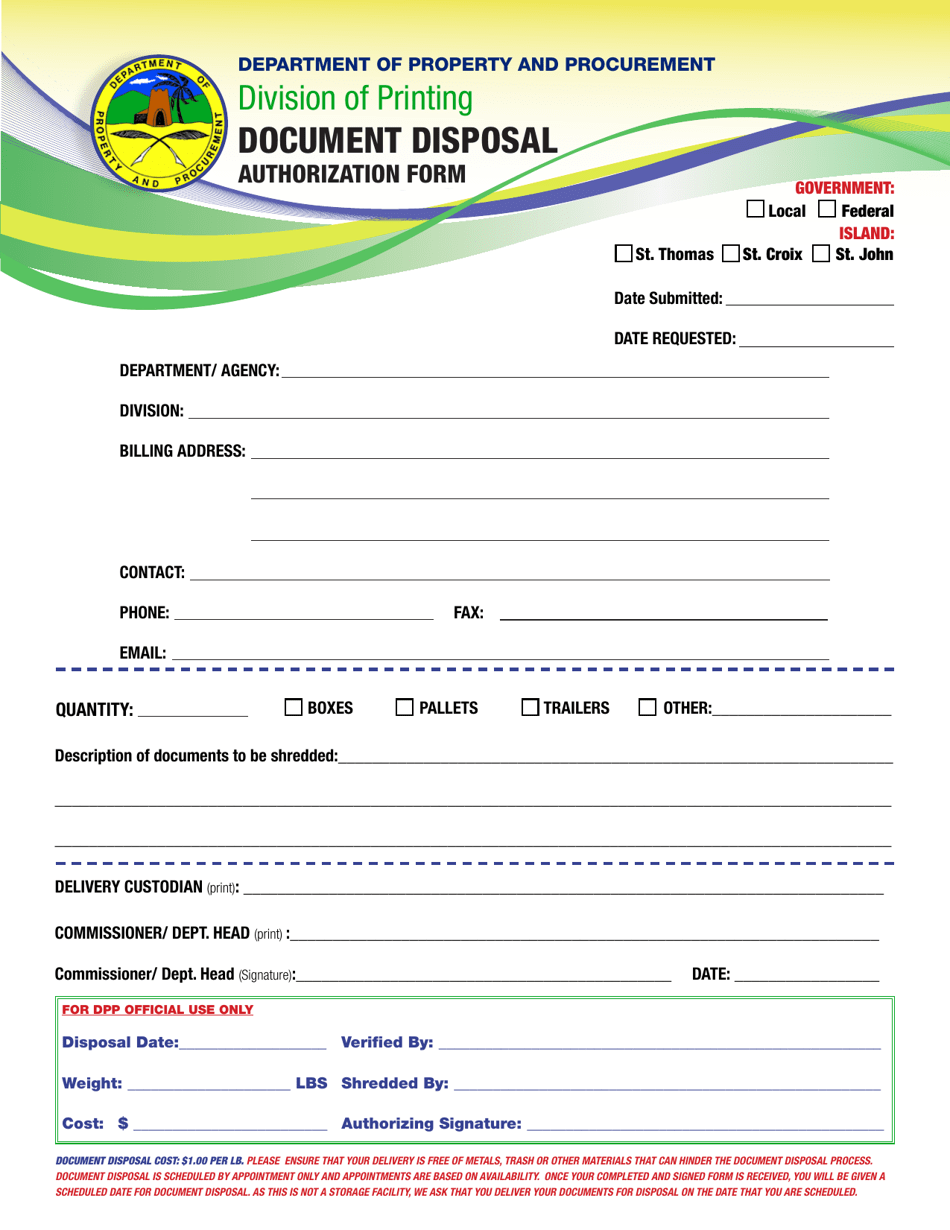 Virgin Islands Document Disposal Authorization Form - Fill Out, Sign ...