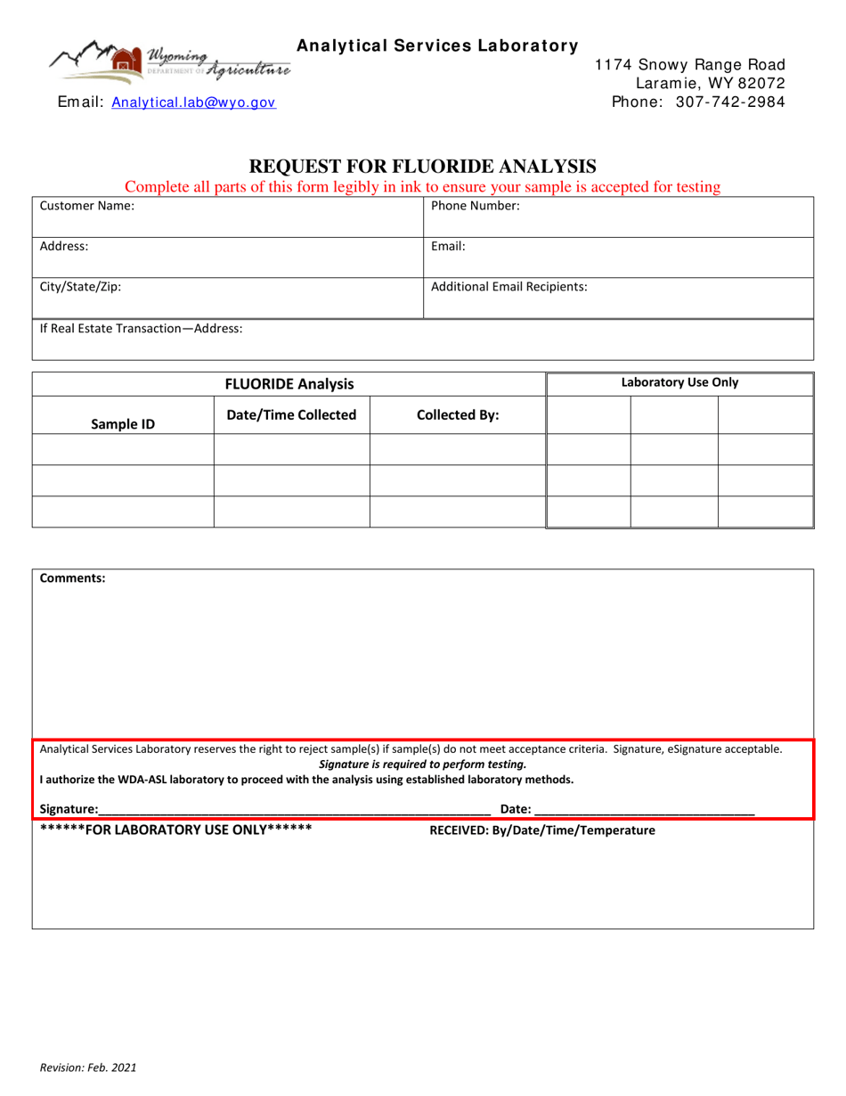 Wyoming Request for Fluoride Analysis - Fill Out, Sign Online and ...