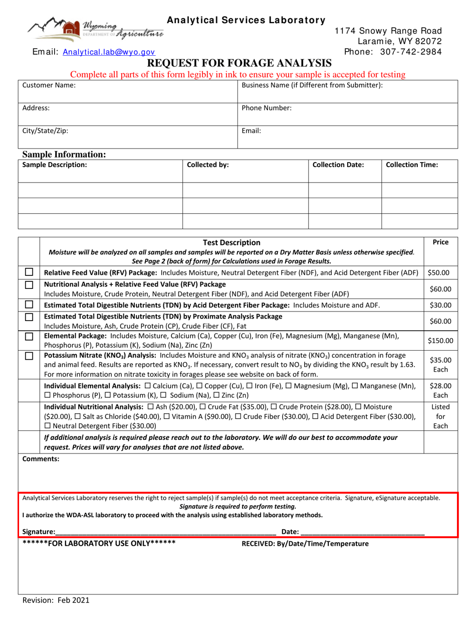 Wyoming Request for Forage Analysis - Fill Out, Sign Online and Download PDF | Templateroller
