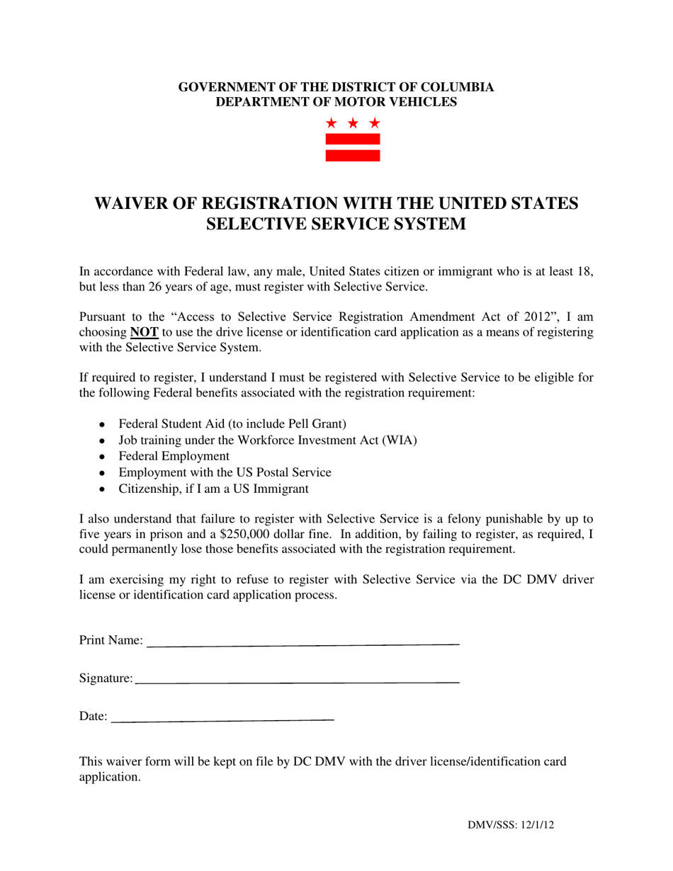 Washington, D.C. Waiver of Registration With the United States ...