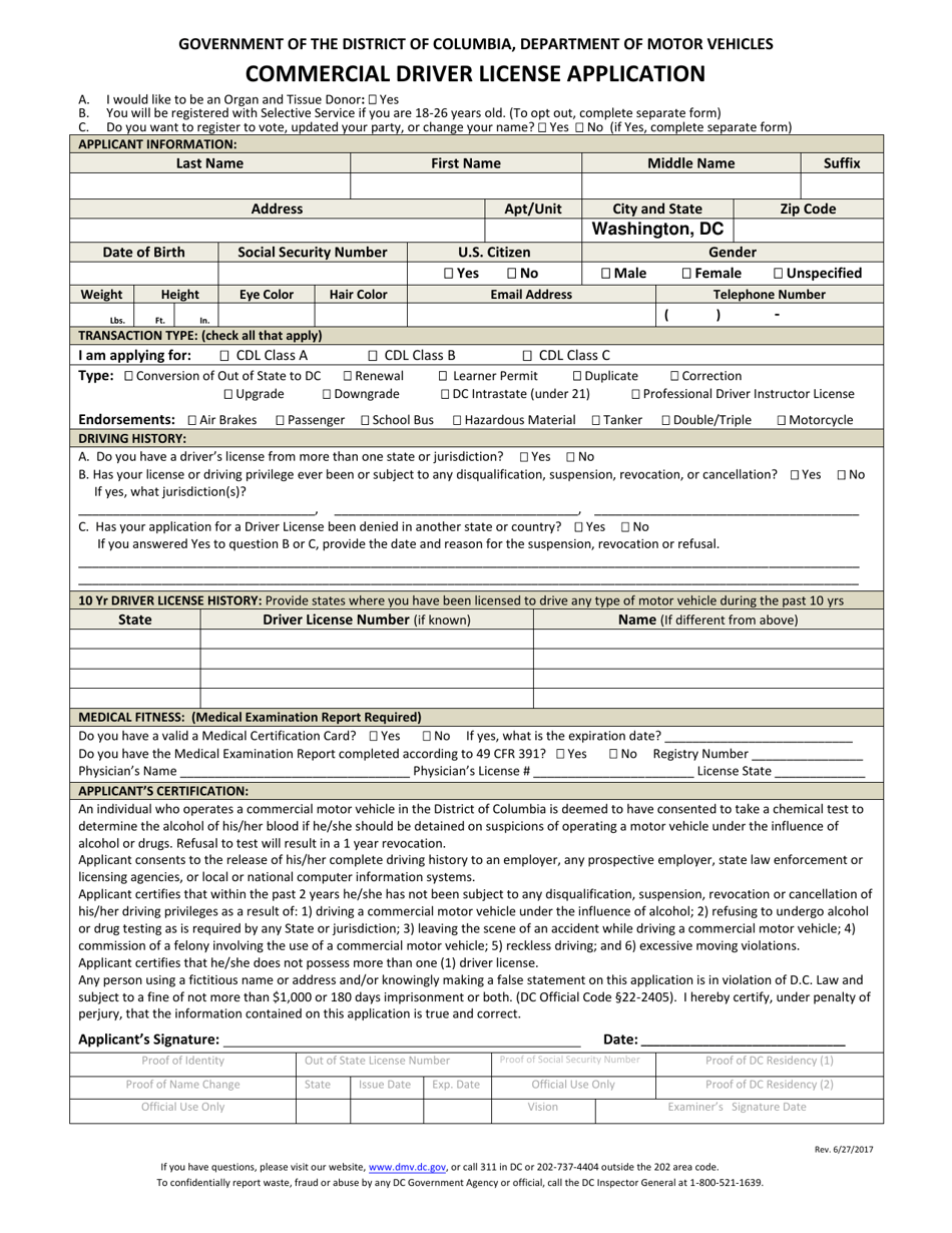 Washington, D.C. Commercial Driver License Application - Fill Out, Sign ...