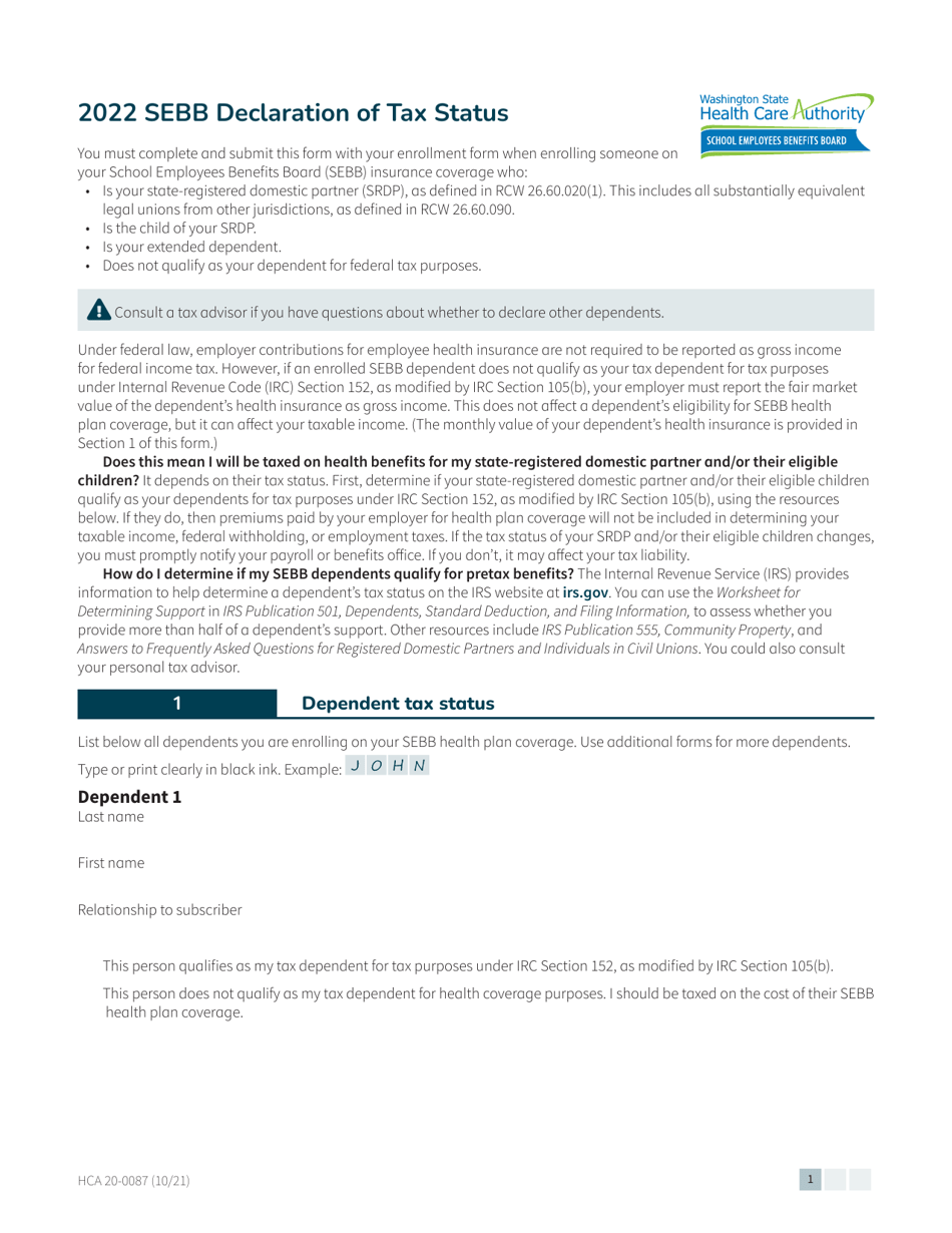 Form HCA20-0087 - 2022 - Fill Out, Sign Online and Download Fillable ...