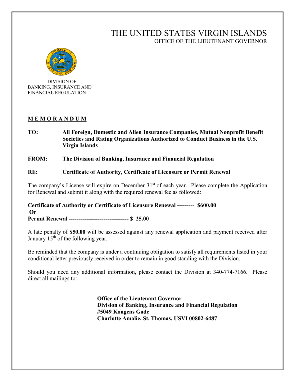 Virgin Islands Application for Renewal of Certificate of Authority ...