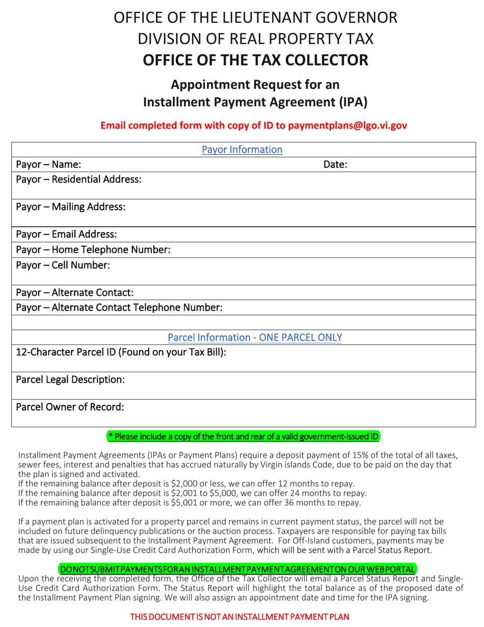 Virgin Islands Appointment Request for an Installment Payment Agreement ...