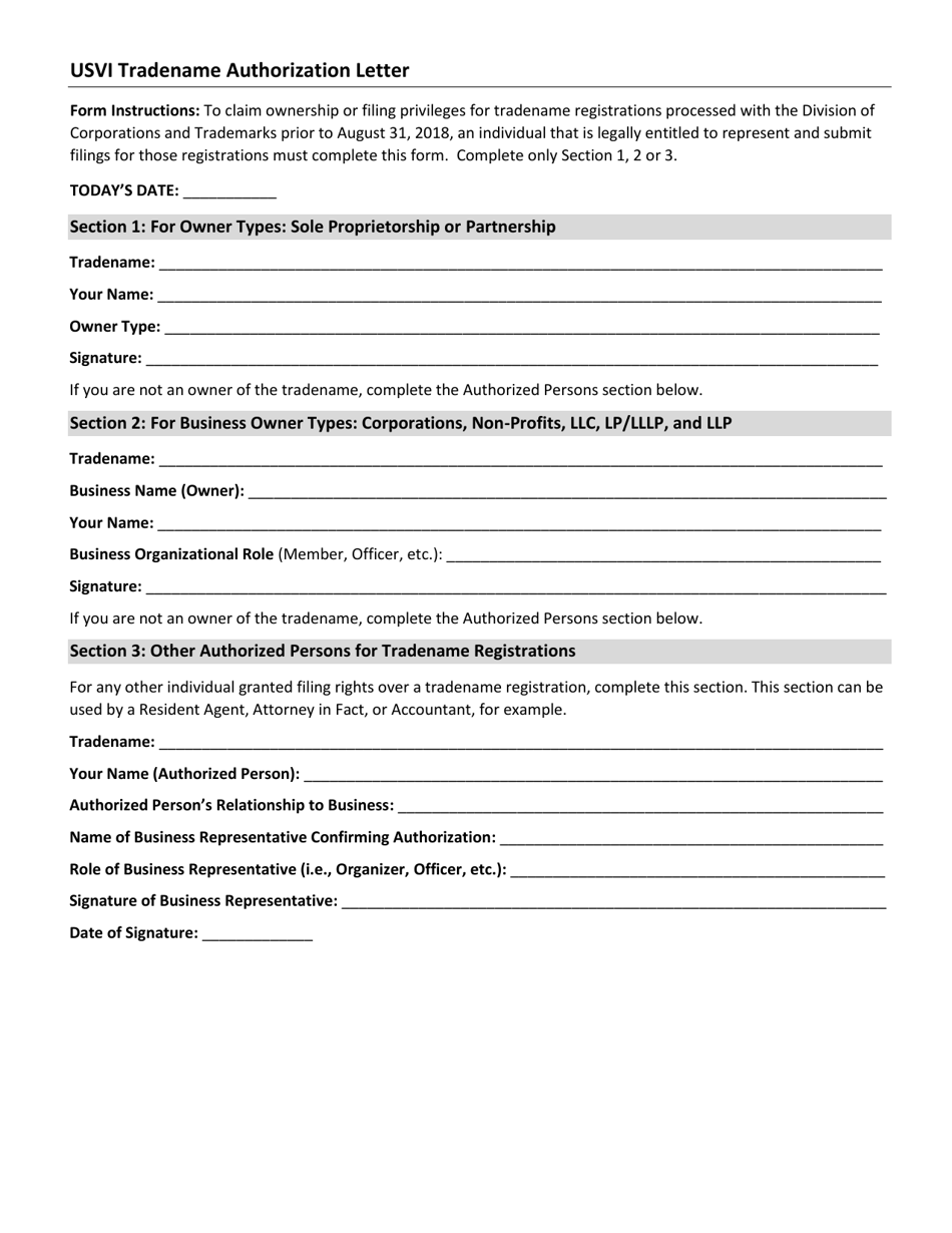 Virgin Islands Usvi Tradename Authorization Letter - Fill Out, Sign ...