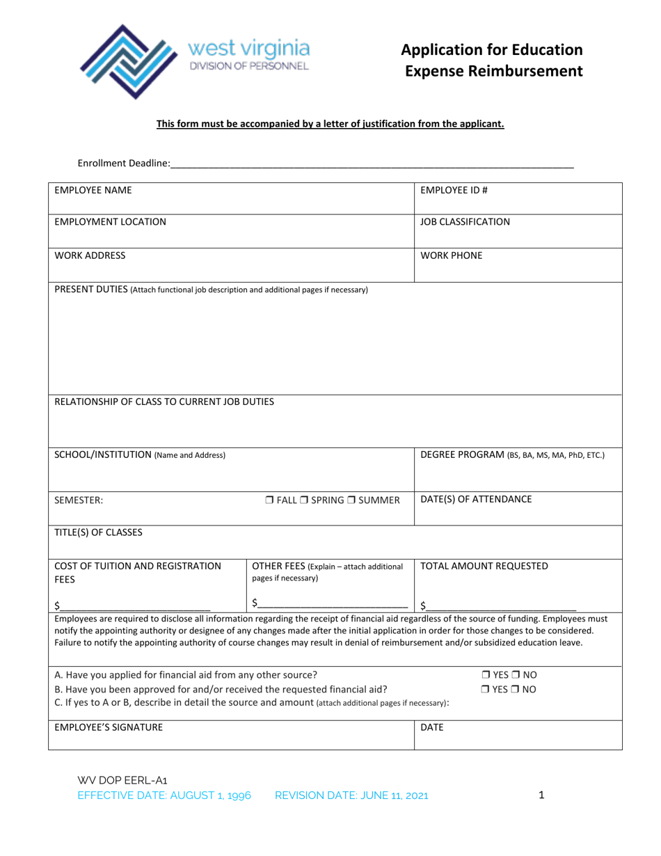 Form WV DOP EERL-A1 - Fill Out, Sign Online and Download Fillable PDF ...