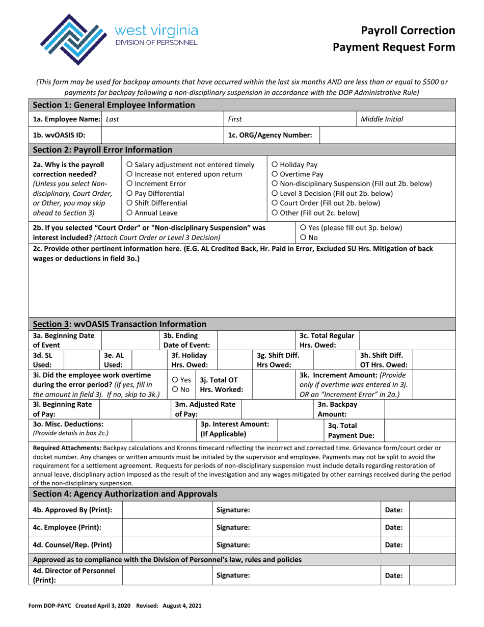 Form DOP-PAYC - Fill Out, Sign Online and Download Fillable PDF, West ...