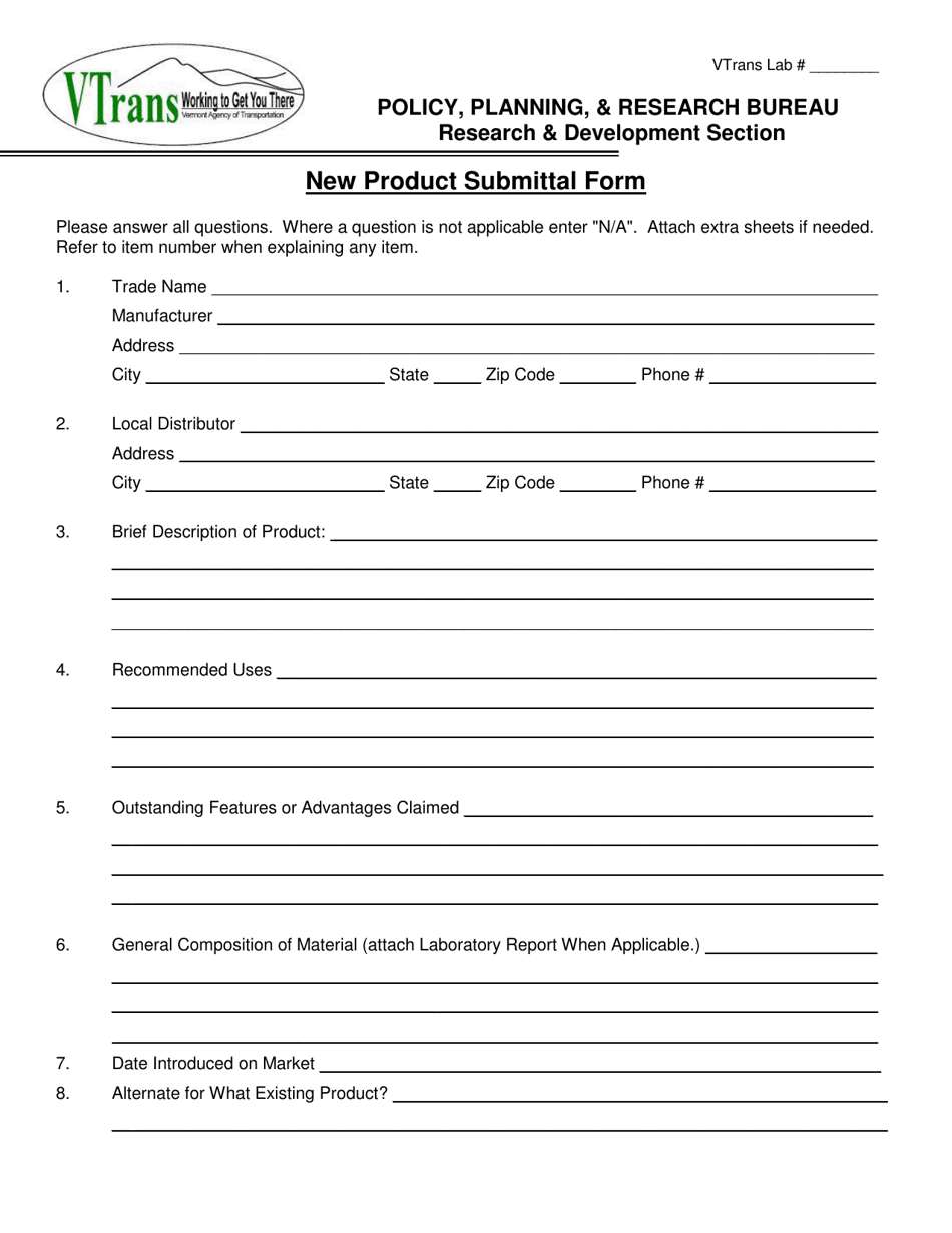 Vermont New Product Submittal Form - Fill Out, Sign Online and Download ...