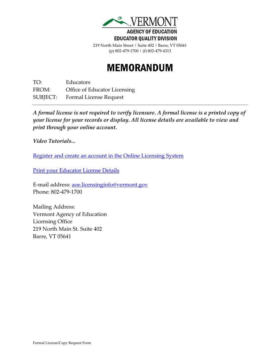 Vermont Formal License/Copy Request Download Printable PDF | Templateroller