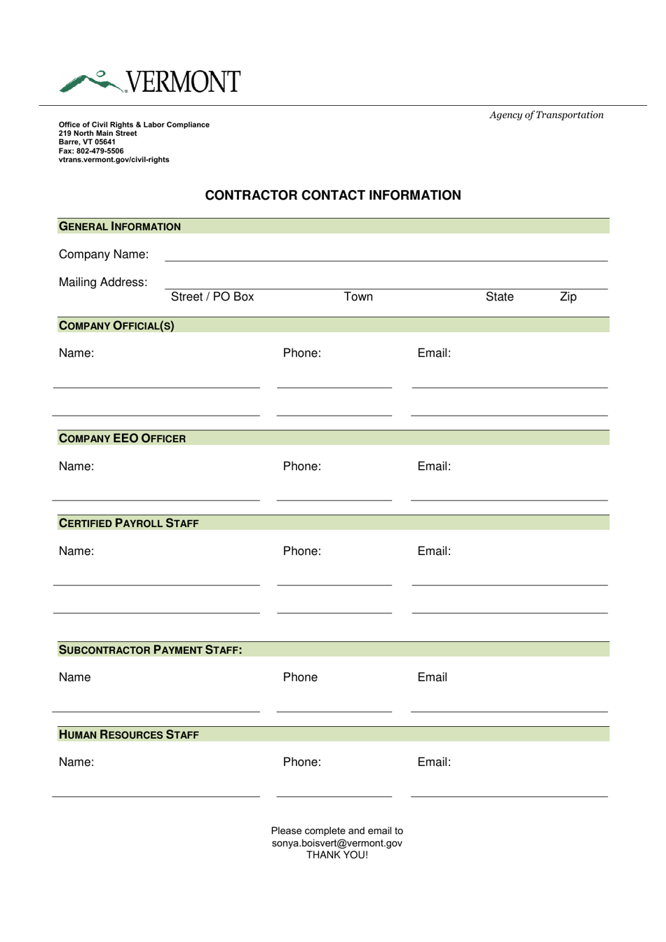 Vermont Contractor Contact Information - Fill Out, Sign Online and ...