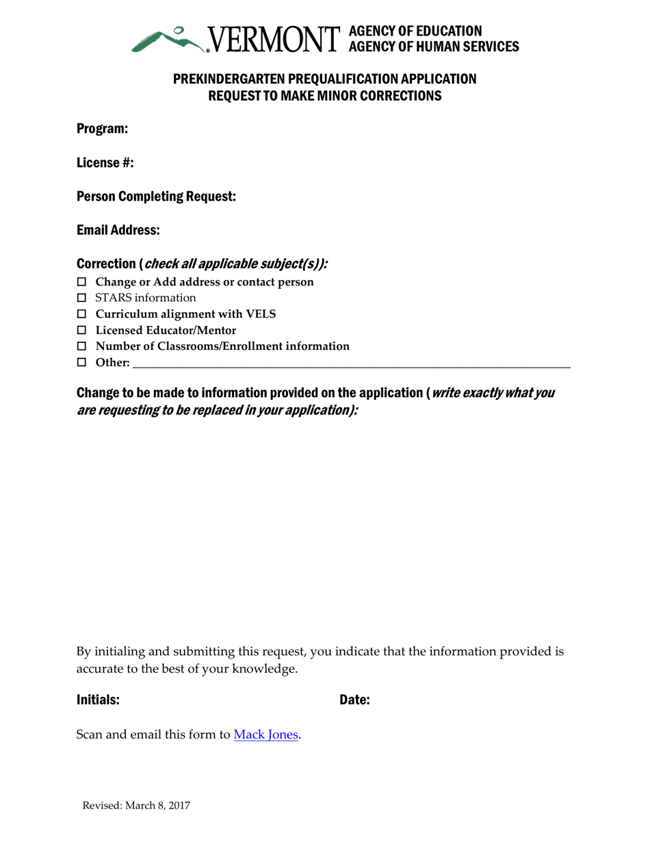 Vermont Prekindergarten Prequalification Application Request to Make ...