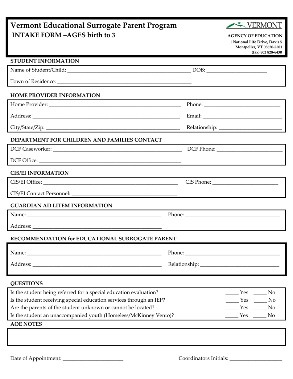 Vermont Intake Form - Ages Birth to 3 - Vermont Educational Surrogate ...