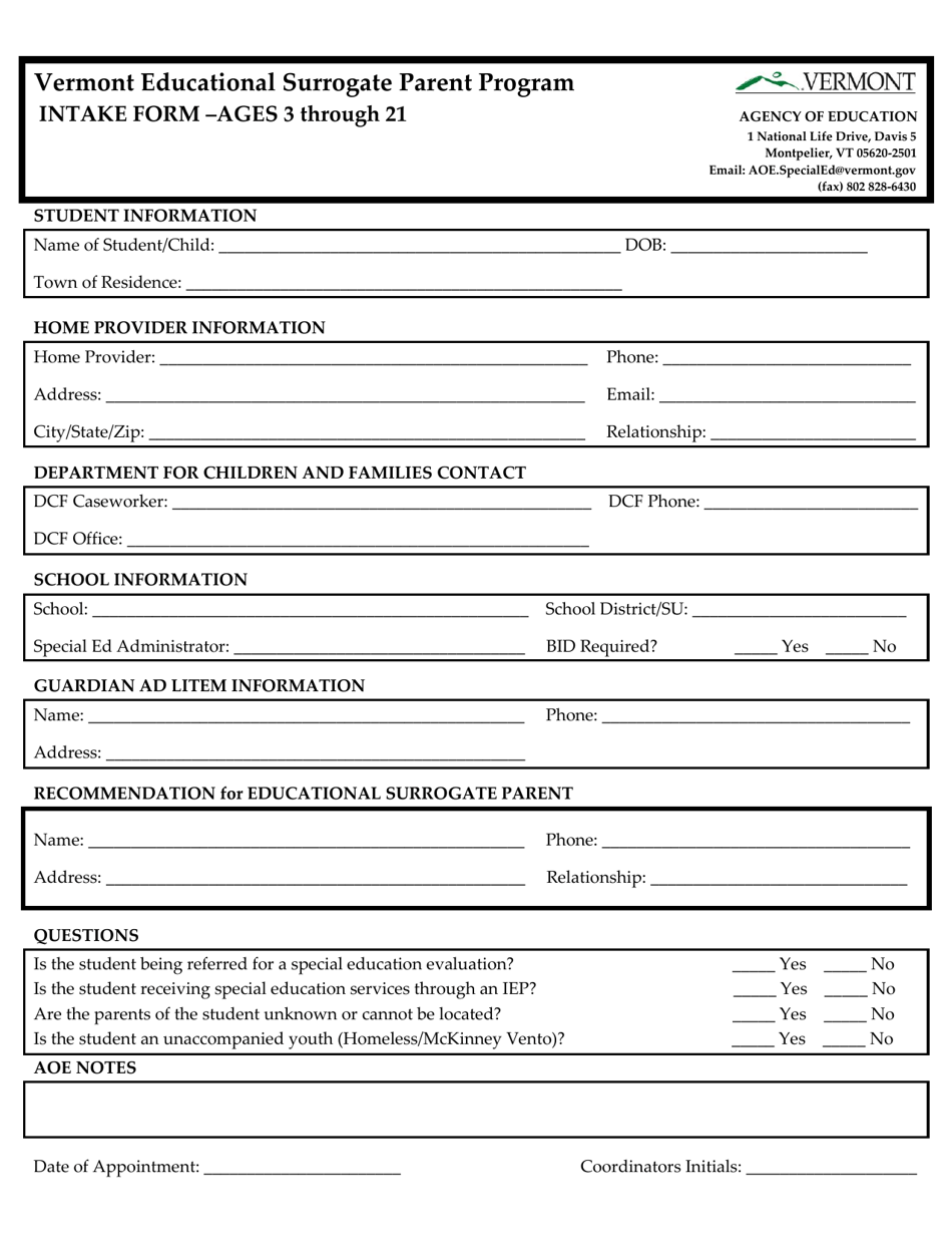 Vermont Intake Form - Ages 3 Through 21 - Vermont Educational Surrogate ...