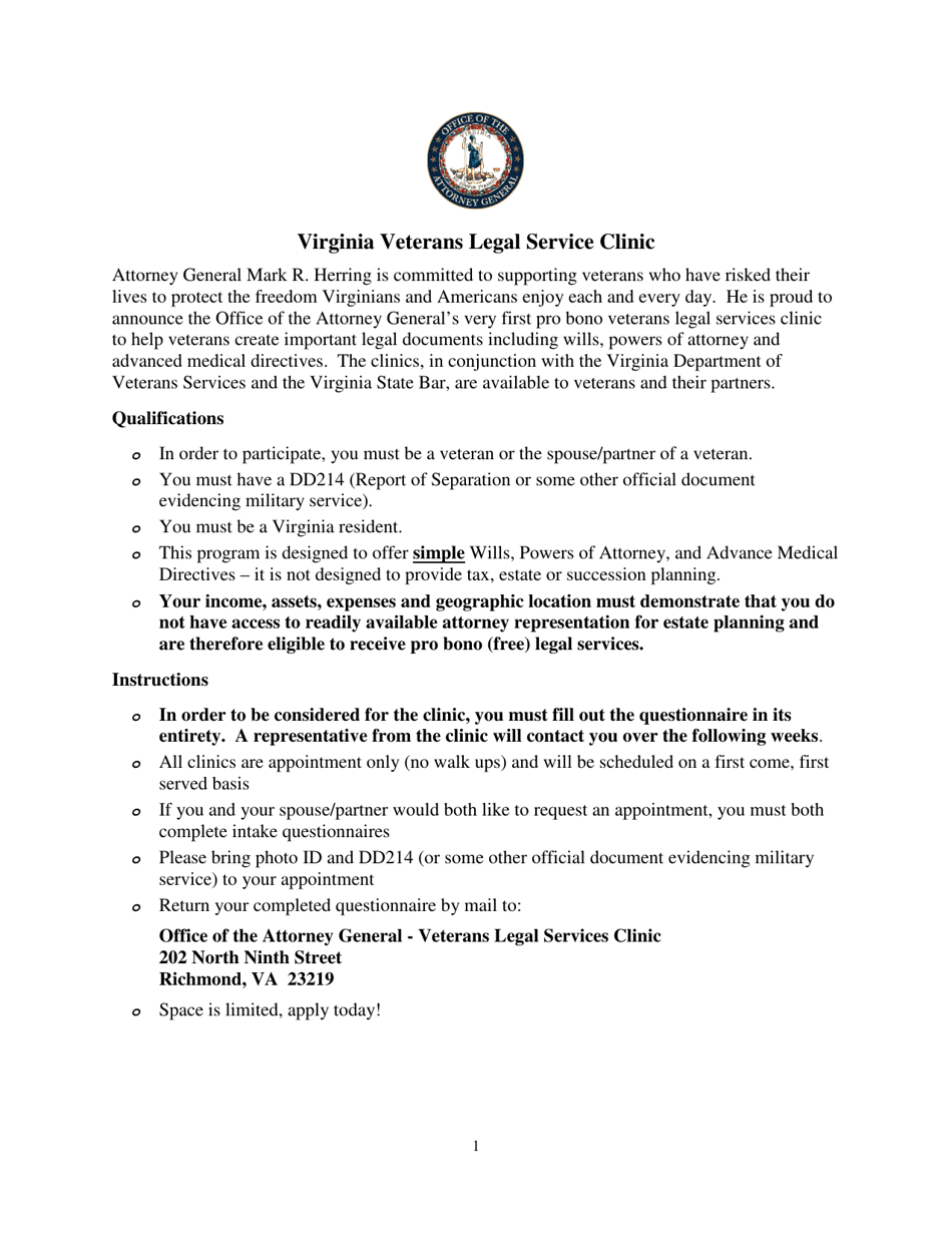 Virginia Veterans Legal Services Clinic Intake Form - Fill Out, Sign ...