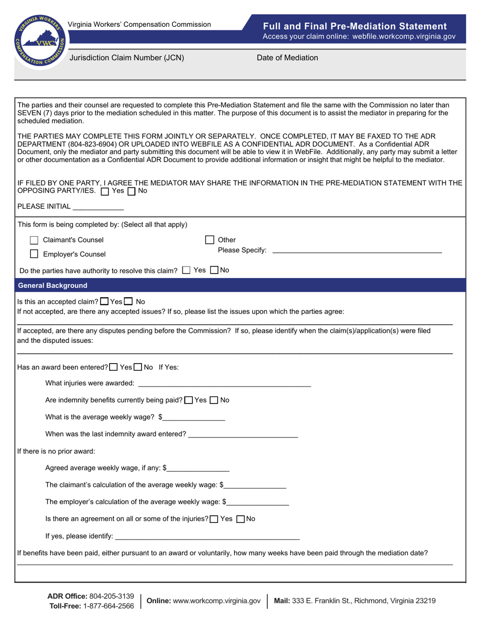 Virginia Full and Final Pre-mediation Statement (All Claims) - Fill Out ...