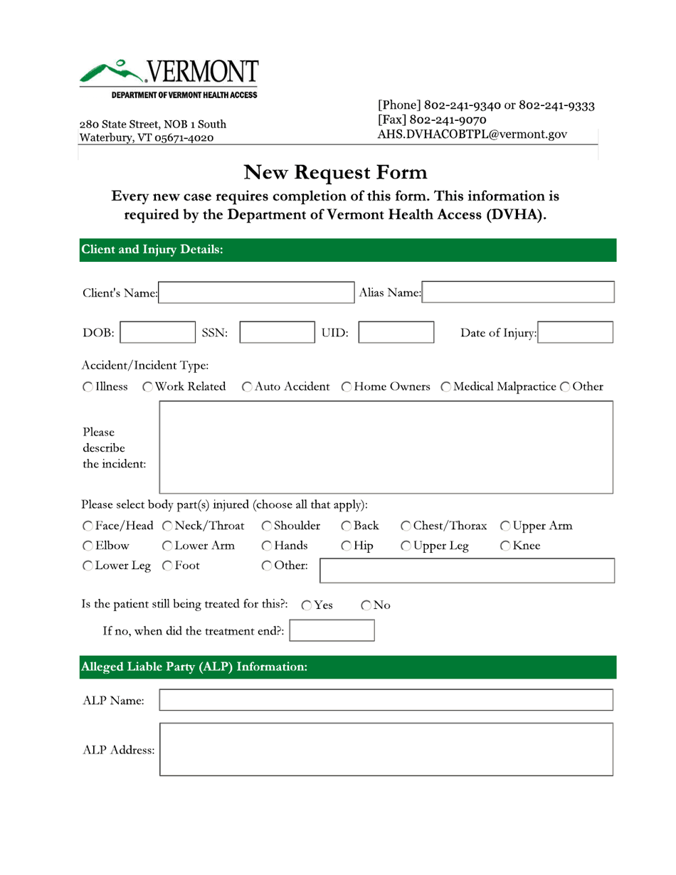 Vermont New Request Form - Fill Out, Sign Online and Download PDF ...