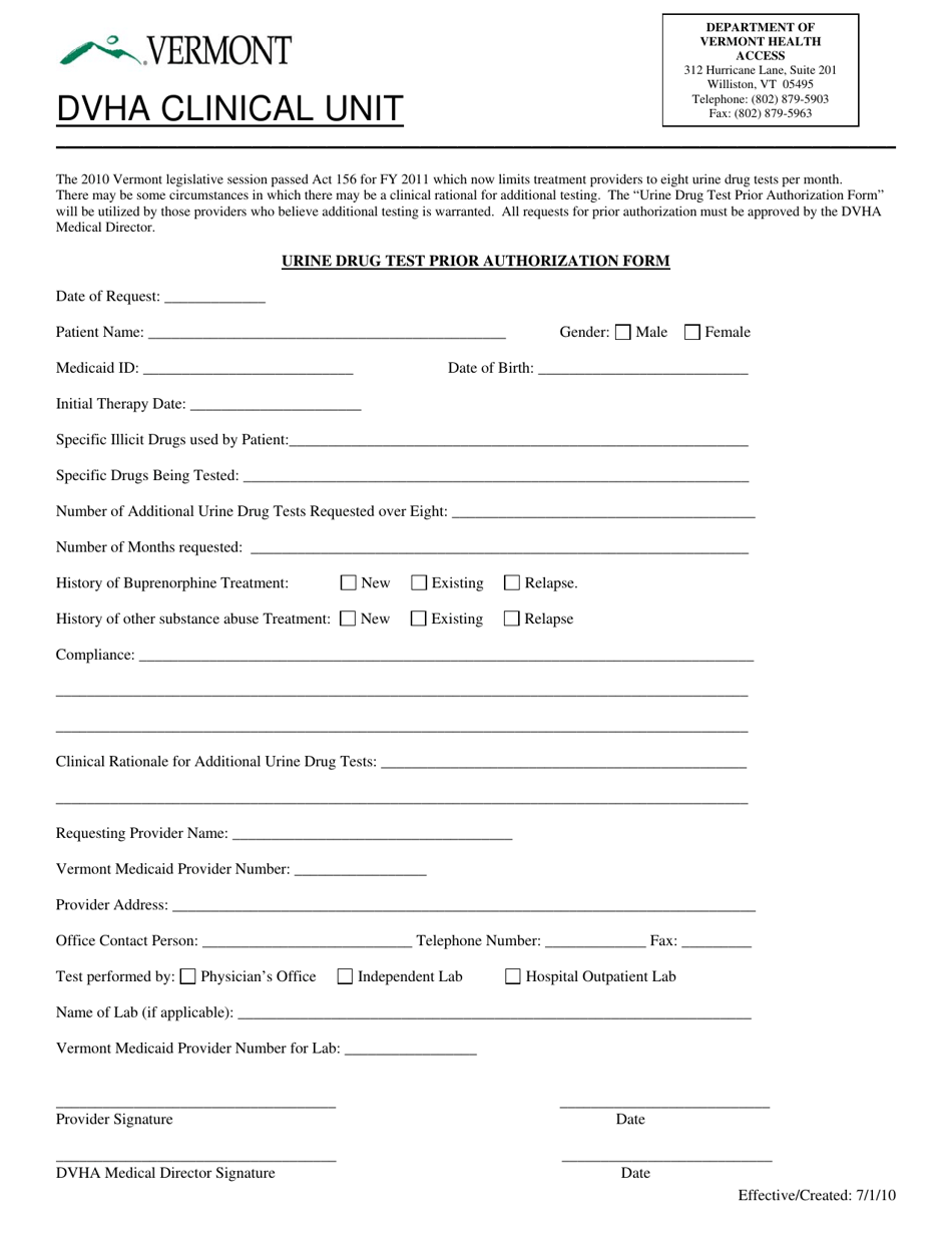Vermont Urine Drug Test Prior Authorization Form - Fill Out, Sign ...