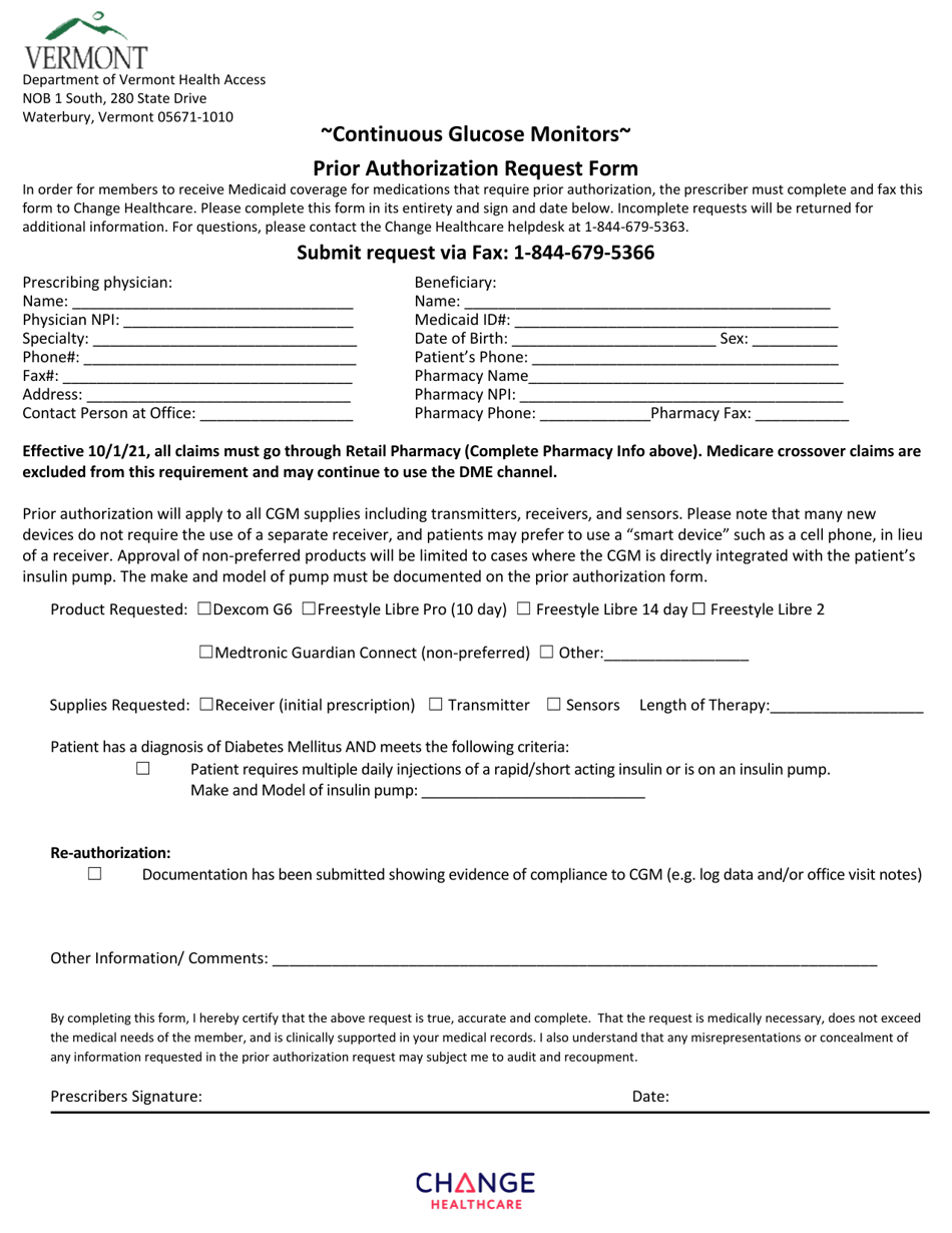 Vermont Continuous Glucose Monitors Prior Authorization Request Form - Fill Out, Sign Online and ...